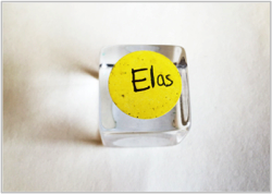 Photograph of an energy cube labeled Elas.